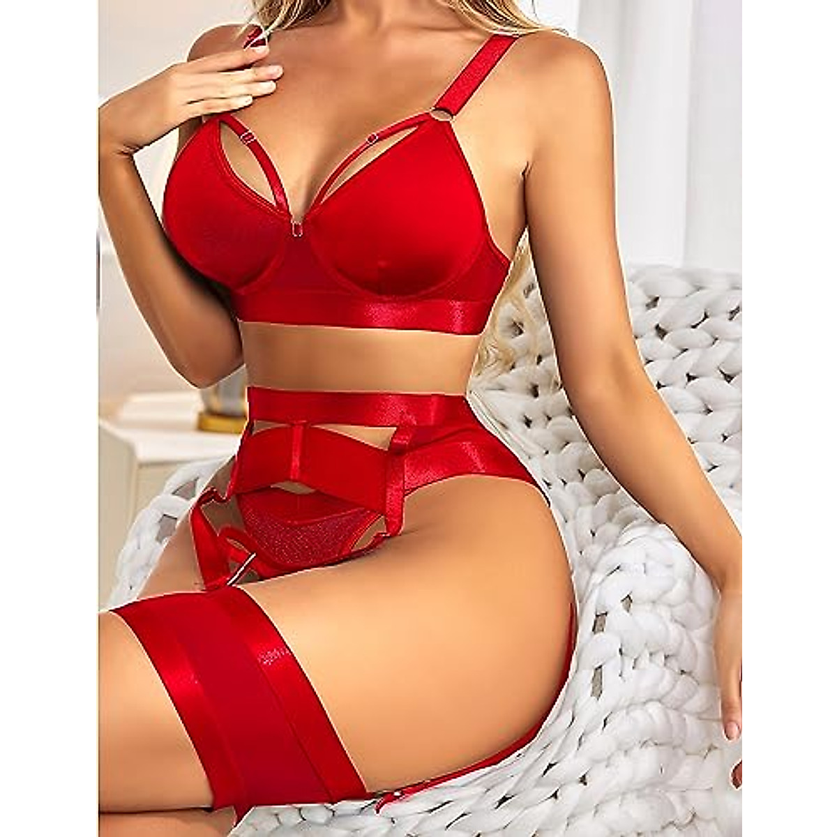 Avidlove Womens Lingerie Push Up Lingerie for Women Underwire Lingerie Set with Garter Belt(Red,XL)