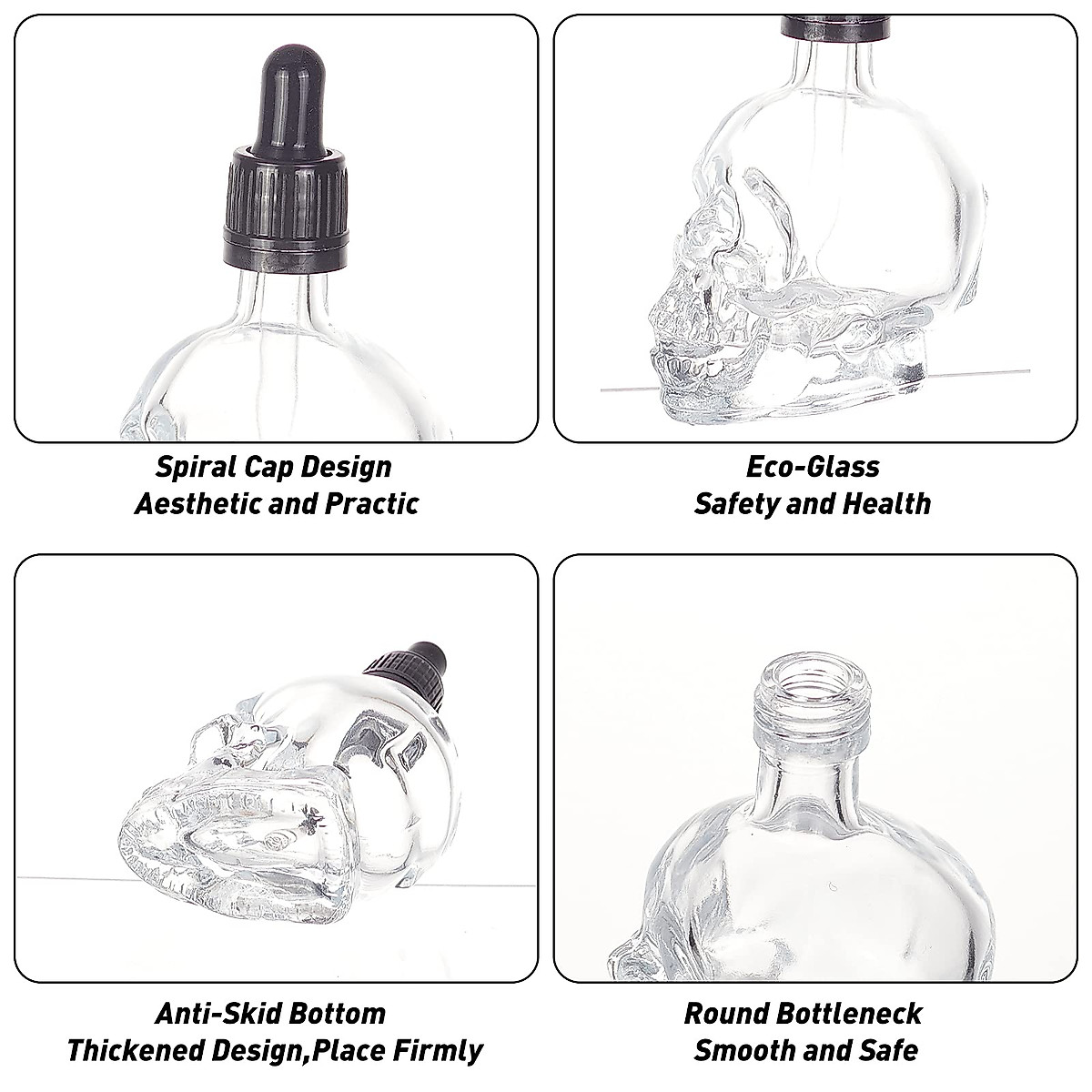 BENECREAT 2Pcs 1.69oz Skull Glass Dropper Bottles Empty Clear Dropper Bottle with 2pcs Hopper and 2pcs 1ml Pipettes for Terror Halloween Decoration, Flavor and Oil Dispenser