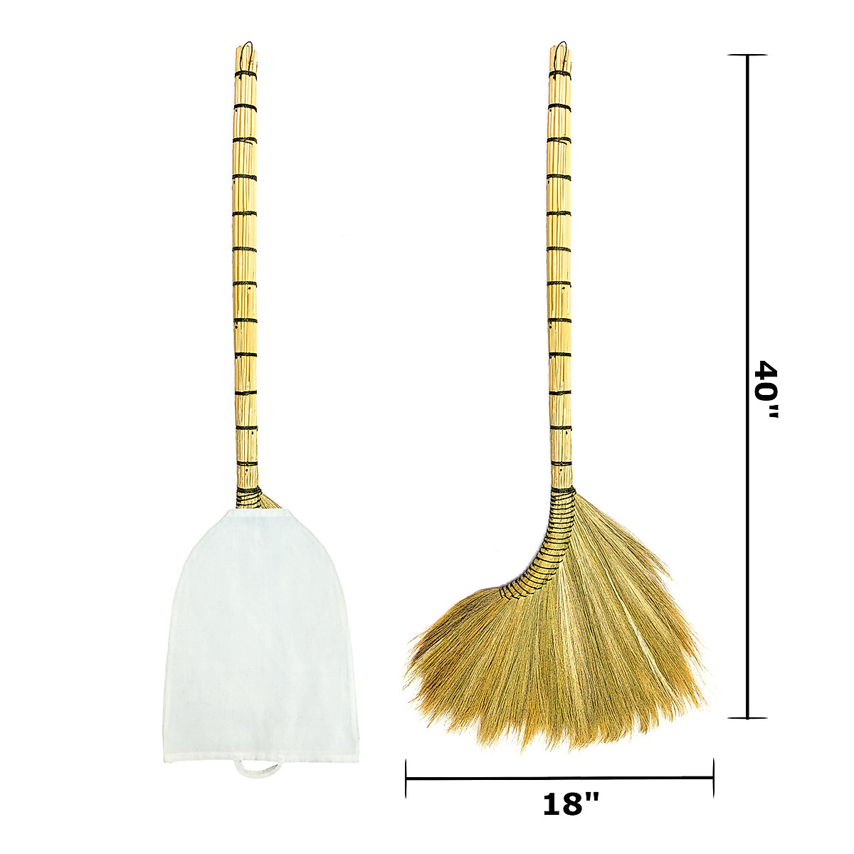 Handmade Asian Thai Broom Thick Natural Grass Brush & Handle Broomstick in Vintage Viet Whisk Straw Design