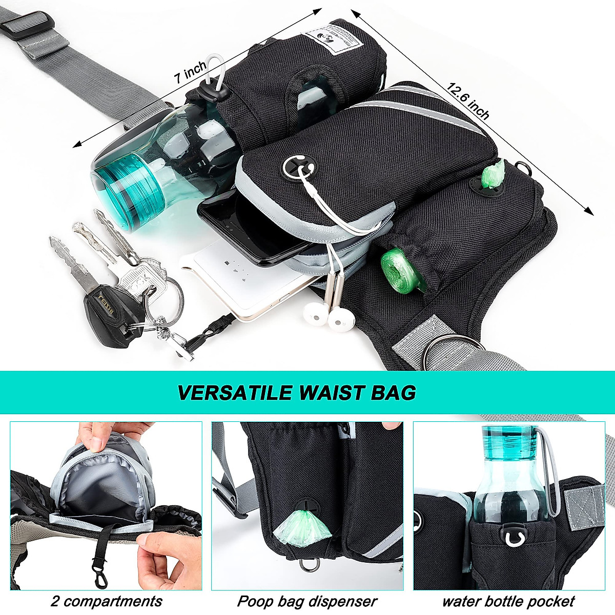 SHINE HAI Retractable Hands Free Dog Leash with Dual Bungees for 2 Dogs, Adjustable Waist Belt Fanny Pack, Reflective Stitching Leash for Running Walking Hiking Jogging Biking Black