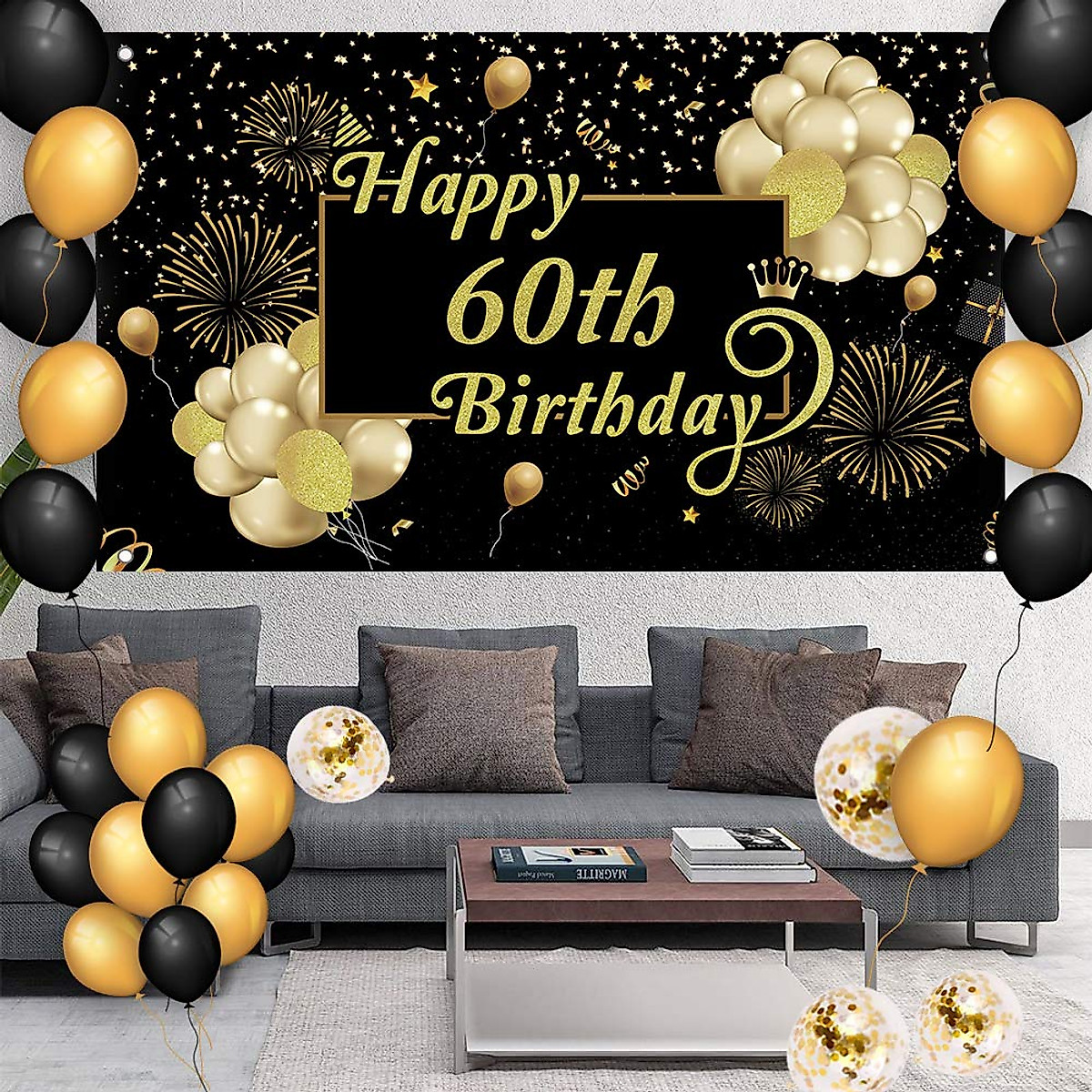 60th Birthday Decorations for Men Women, 60th Birthday Decorations, Happy 60th Birthday Banner, Black and Gold 60th Bday Backdrop