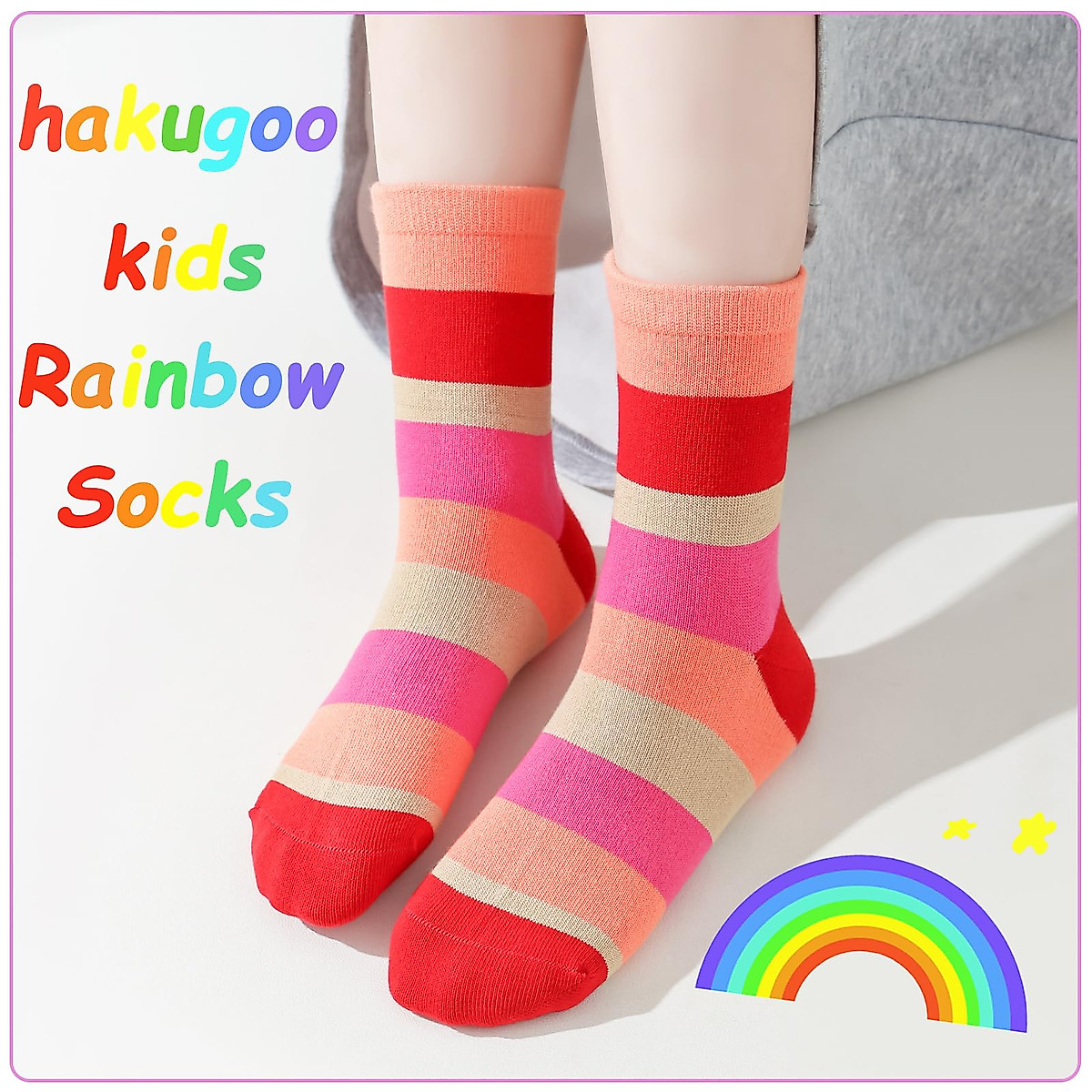 hakugoo Kids Crew Socks Seamless Boys Girls Rainbow Stripes Socks Cotton Athletic Socks 6-8 Years Unisex Cute Fun Socks Boot Socks 5 Pairs (Set B,L)