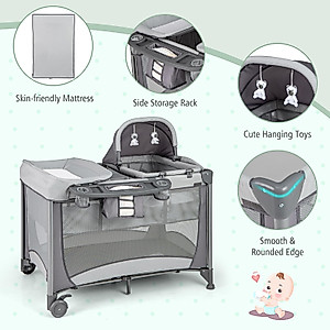 HONEY JOY Pack and Play with Bassinet, 4-in-1 Baby Playard with Changing Table & Removable Infant Full-Size Bassinet, Diaper Storage Basket & Music, Foldable Nursery Center w/Carry Bag (Gray)