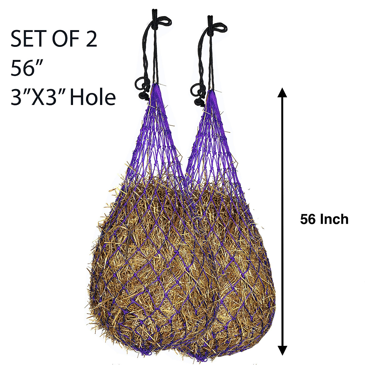 Majestic Ally 2 pcs Slow Feed 56” Hay Net with Soft 3"x3" Holes for Horses & Livestock, Nylon Rope Hanging, Simulates Grazing, Reduce Waste (Purple)