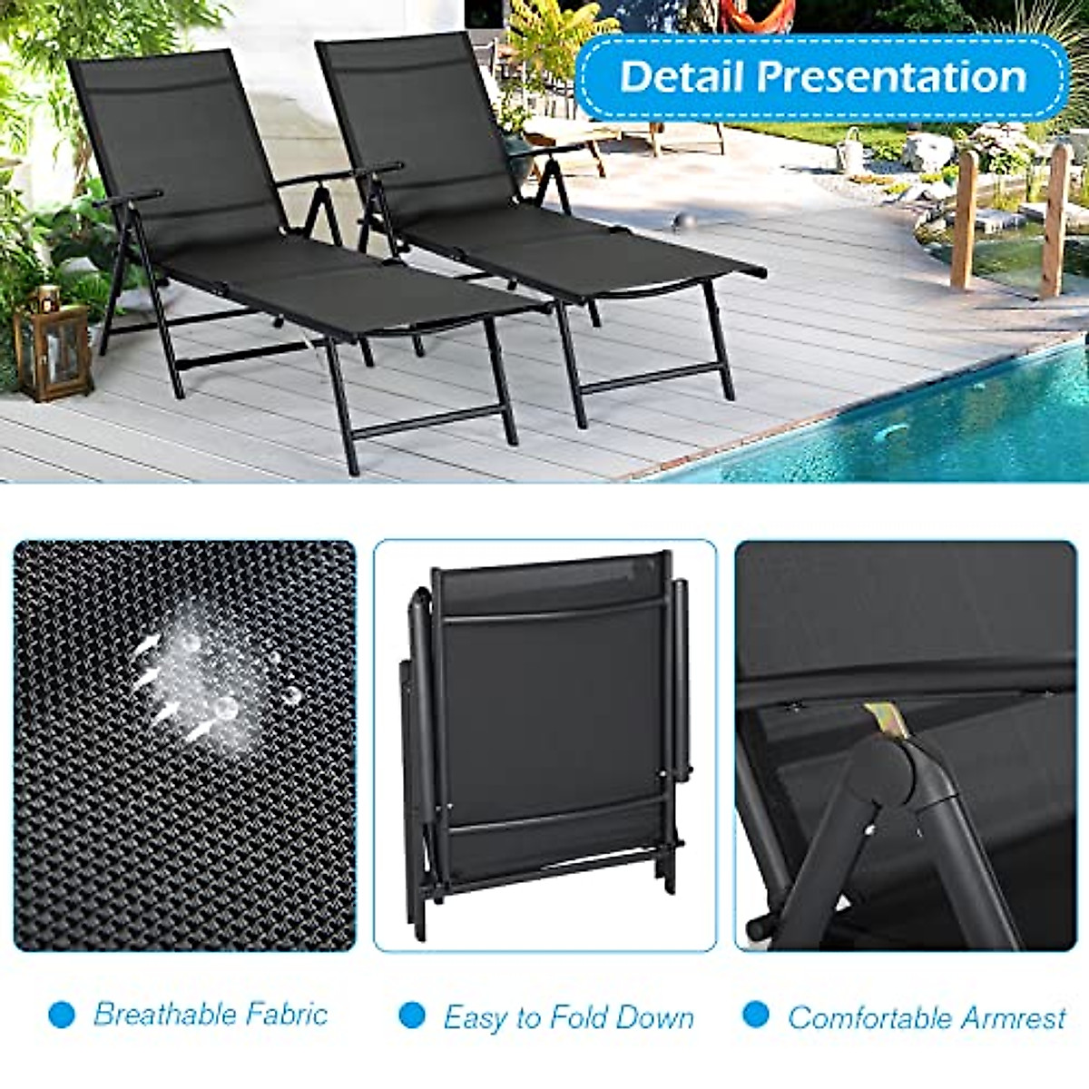 AECOJOY Outdoor Lounge Chair, Adjustable Reclining Folding Pool Lounger with 7 Back & 2 Leg Adjustable Positions, Chaise Lounge for Outside Patio, Poolside,Deck, Black