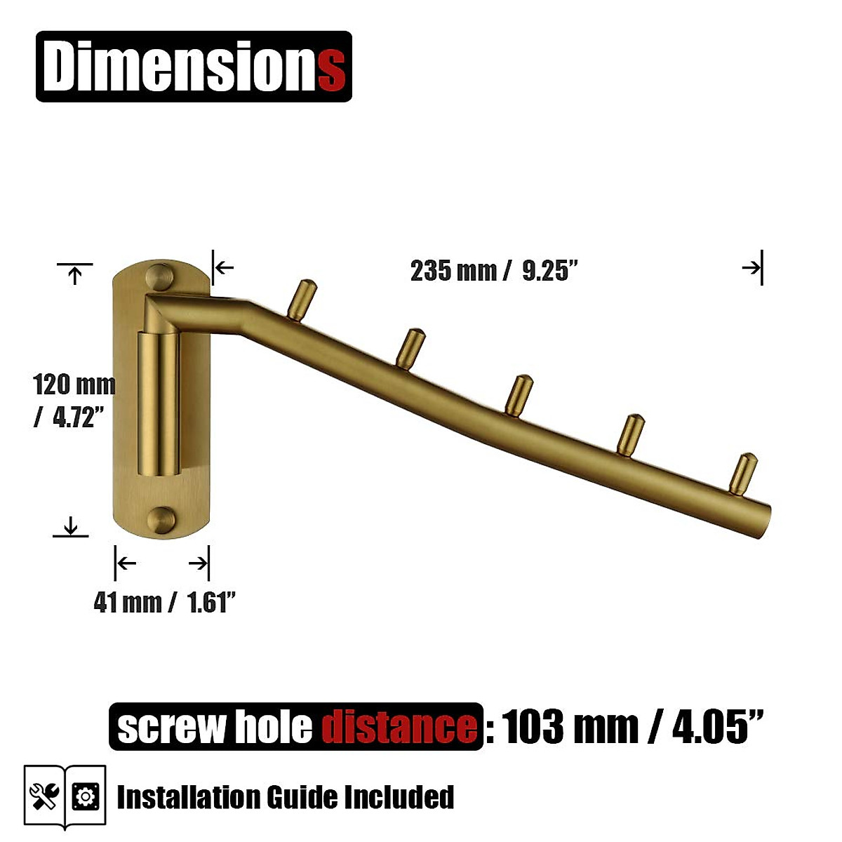 JQK Folding Clothes Hanger Rack, Stainless Steel Swing Arm Hook Holder, Clothing Hanging System Drying Closet Storage Organizer Brushed Gold Wall Mount, SHR100-BG