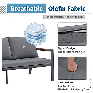 JOIVI Outdoor Couch, 3-seat Aluminum Outdoor Sofa with Teak Arms, Patio Couch with Teak Wood Armrest, High-Density Sponge, 3-Seater Aluminum Frame Couch for Outside Poolside, Lawn, Backyard, Gray