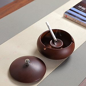 Ceramic Ashtray with Lid for Cigarette Outdoor, Windproof Ash tray Sets for Weed, Smokeless Home Ashtrays, Outside Ashtrays for Cigarettes for Patio, Garden, Balcony (Brown)