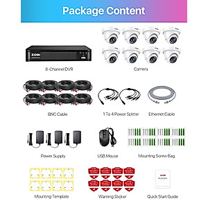 ZOSI 1080P H.265+ Home Security Camera System,5MP Lite 8 Channel Surveillance DVR and 8 x 1080p Weatherproof CCTV Dome Camera Outdoor Indoor with 80ft Night Vision, Remote Access (No Hard Drive)