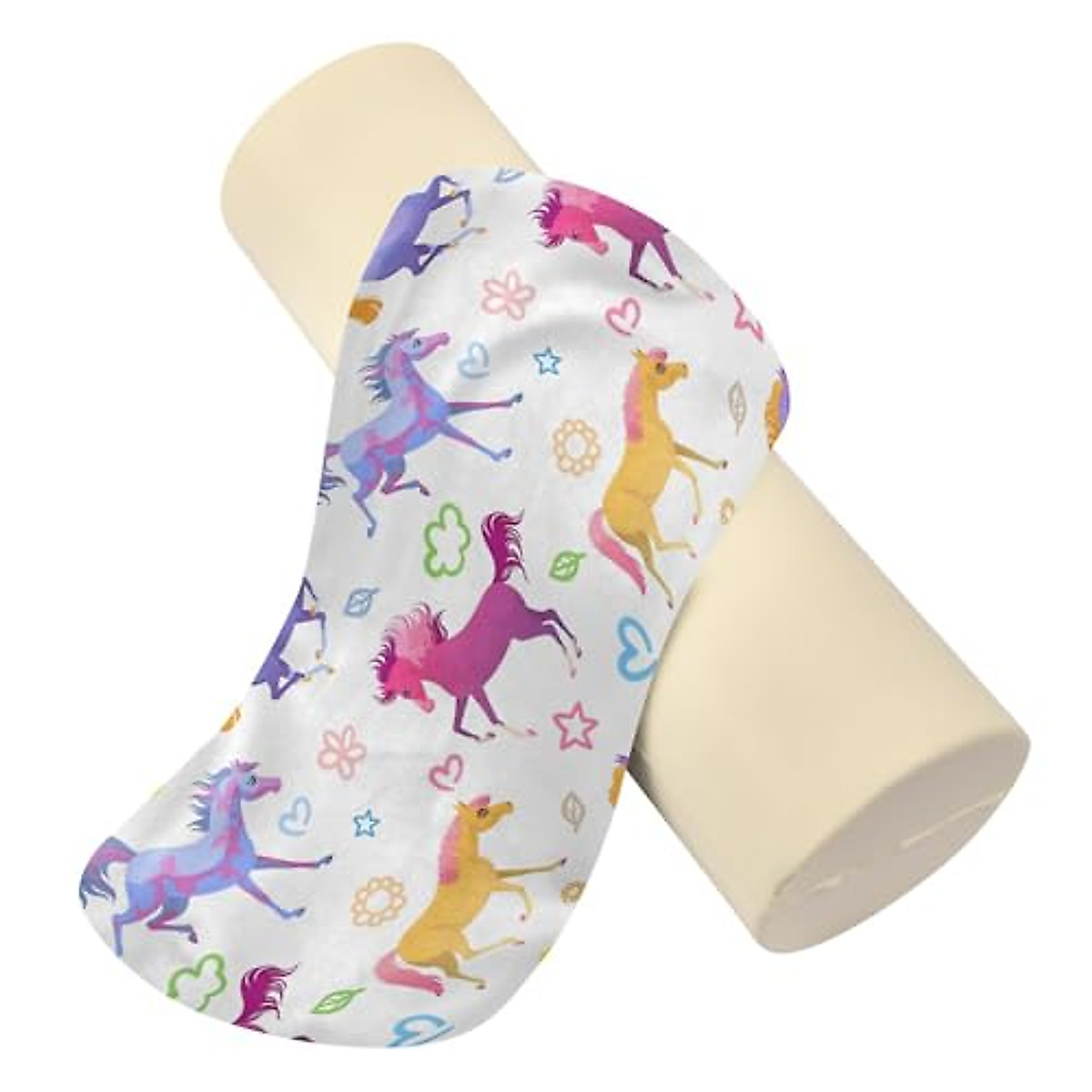 xigua Coloful Horses Neck Roll Pillow for Neck Relief with Removable Washable Cover - Memory Foam Round Cylinder Bolster, Ergonomically Designed for Head, Neck, Back, and Legs