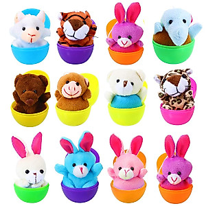 12 Pcs Easter Eggs Filled with Mini Plush Animals Toy Easter Basket Stuffers for Kids Easter Egg Hunt, Easter Party Favor