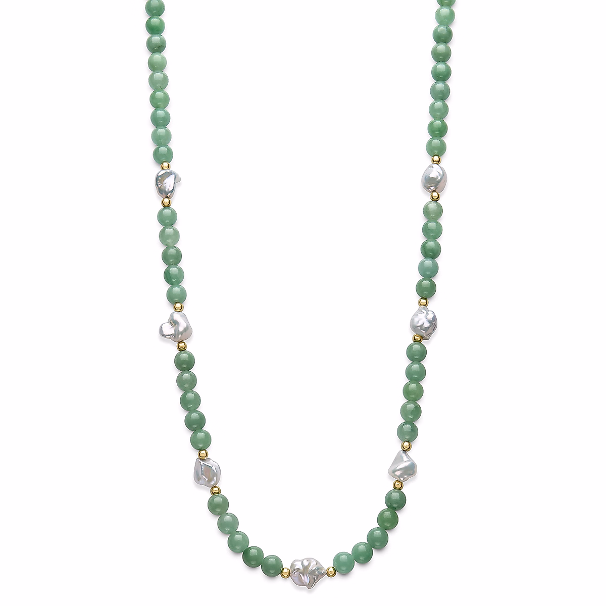 14k Yellow Gold Natural Green Jade and Keshi Freshwater Pearl Necklace for Women (18")