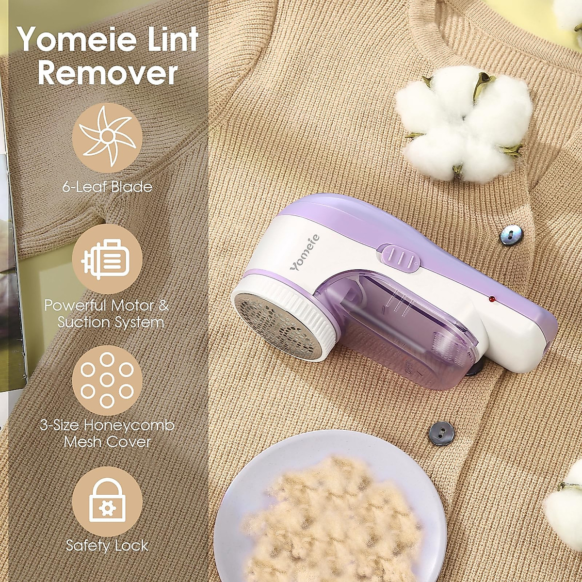 Yomeie Fabric Shaver, Rechargeable Sweater Shaver, Lint Shaver with 6-Leaf Blades, Electric Lint Remover for Clothes & Furniture, Couch Pilling Remover Depiller for Removing Fuzz, Lint, Pills, Bobbles