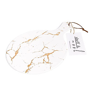 Round marble ceramic cutting board. Marble trivet in white or black with gold veins and leather chord. Cheese serving tray slab to display with kitchen accessories. Vanity tray for countertop. (White)
