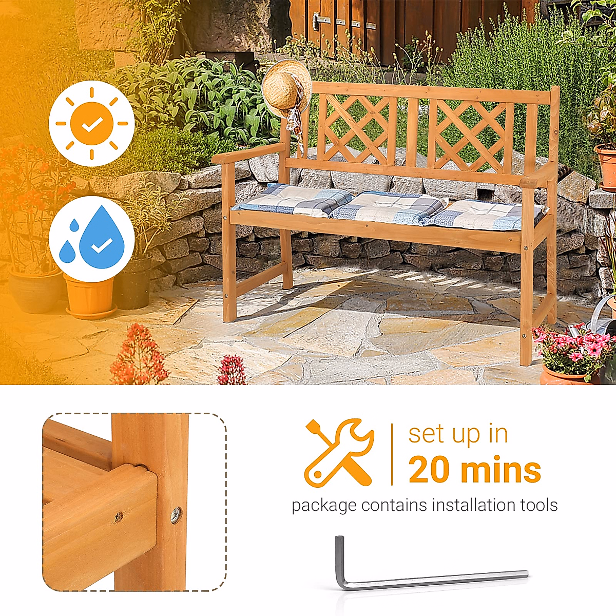 Outvita Wooden Garden Bench, Outdoor Wood Patio Bench, Rustic Two Person Loveseat Chair w/Armrest for Porch Poolside Park Backyard Balcony, Capacity 605Lbs, Grid Backrest