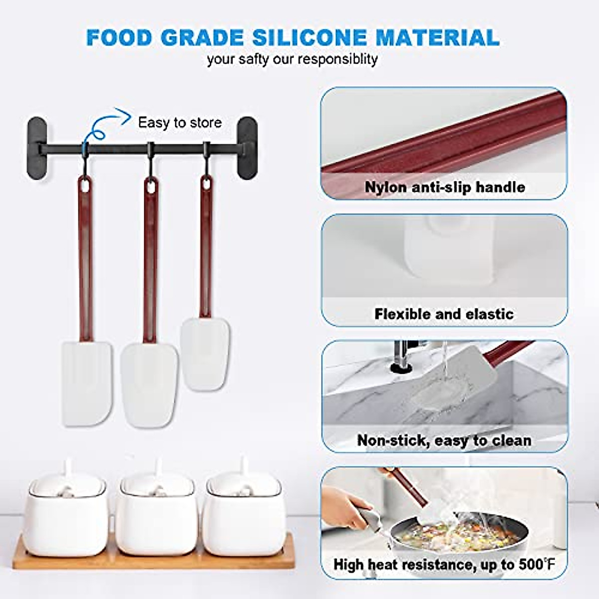 High Heat Resistant Silicone Scraper Spoon Commercial Spatula for Cooking, Rubber Spatula Set of 2, (16.5'')