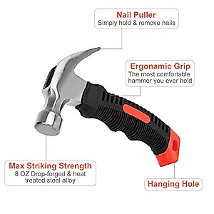 LISHINE 8 Oz Stubby Claw Hammer, 4 Pack Small Claw Hammer with Mini Handle, Nail Hammer Tools, Small Hammer for Household Work and Outdoor Camping