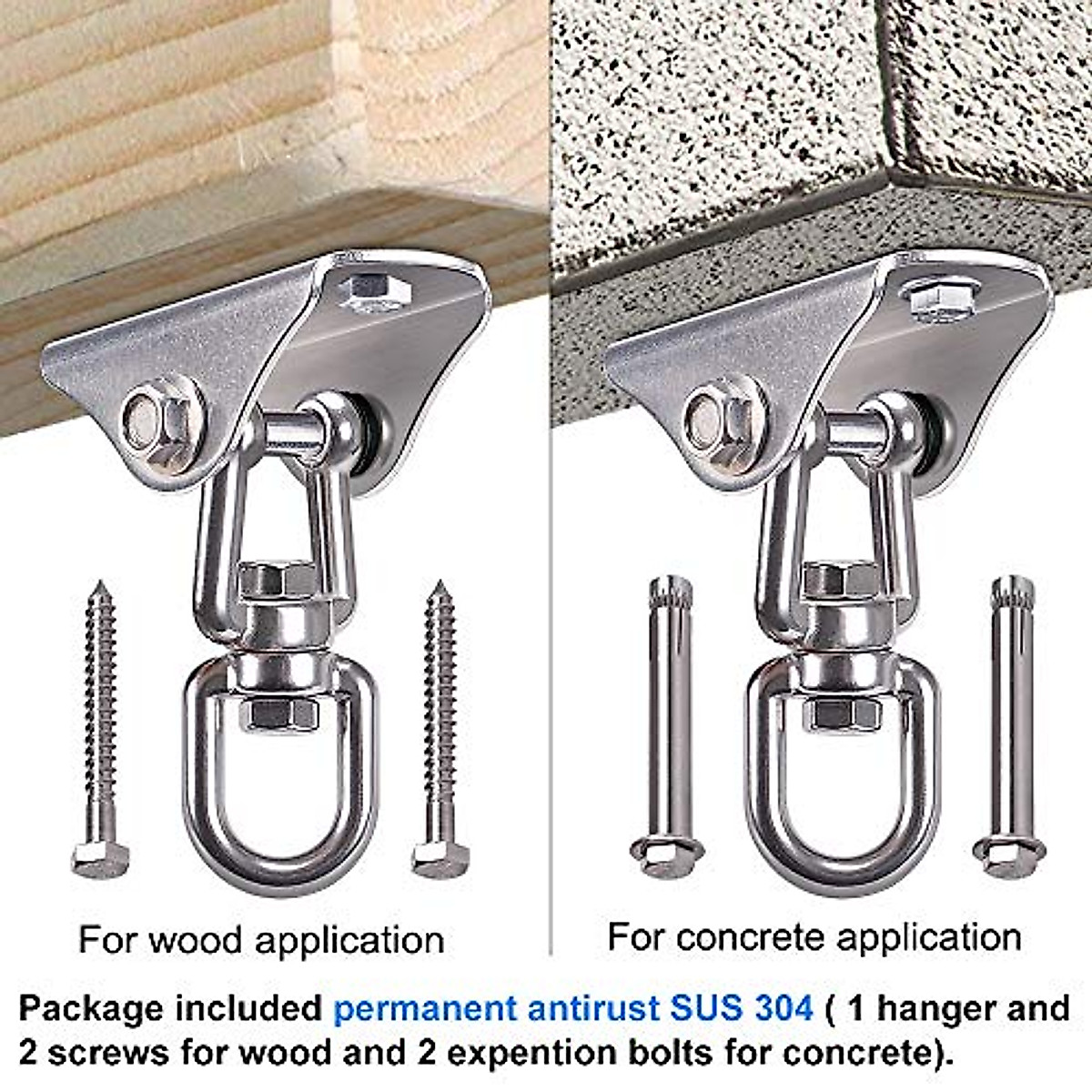SELEWARE Innovative 1000 lb Capacity Permanent Antirust SUS304 360° Rotate Swing Hanger Suspension Hooks with Bolt for Concrete Wooden Sets Playground Porch Indoor Outdoor Seat, Gym