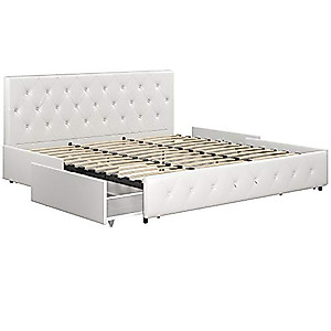 DHP Dakota Upholstered Platform Bed with Underbed Storage Drawers and Diamond Button Tufted Headboard and Footboard, No Box Spring Needed, King, White Faux Leather