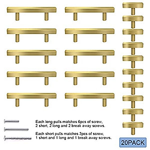 SUNRIVER 20 Pack Hollow Brushed Brass Golden Square Bar Cabinet Handles Pulls 10pcs Gold Hardware Cabinets Pulls 5" and 10pcs Stainless Steel 2" Cabinet Handles T Bar Pulls for Bathroom
