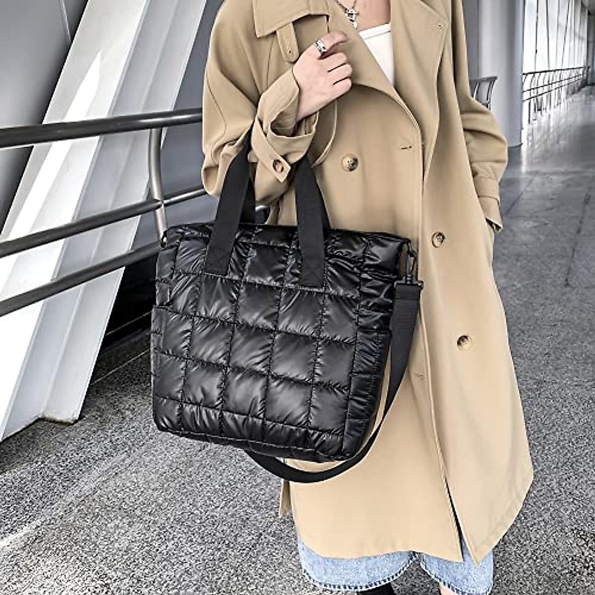 Large Quilted Tote Bag with Zip for Women Lightweight Winter Down Cotton Padded Plaid Shoulder Bags Quilted Bags Down Padding Handbags