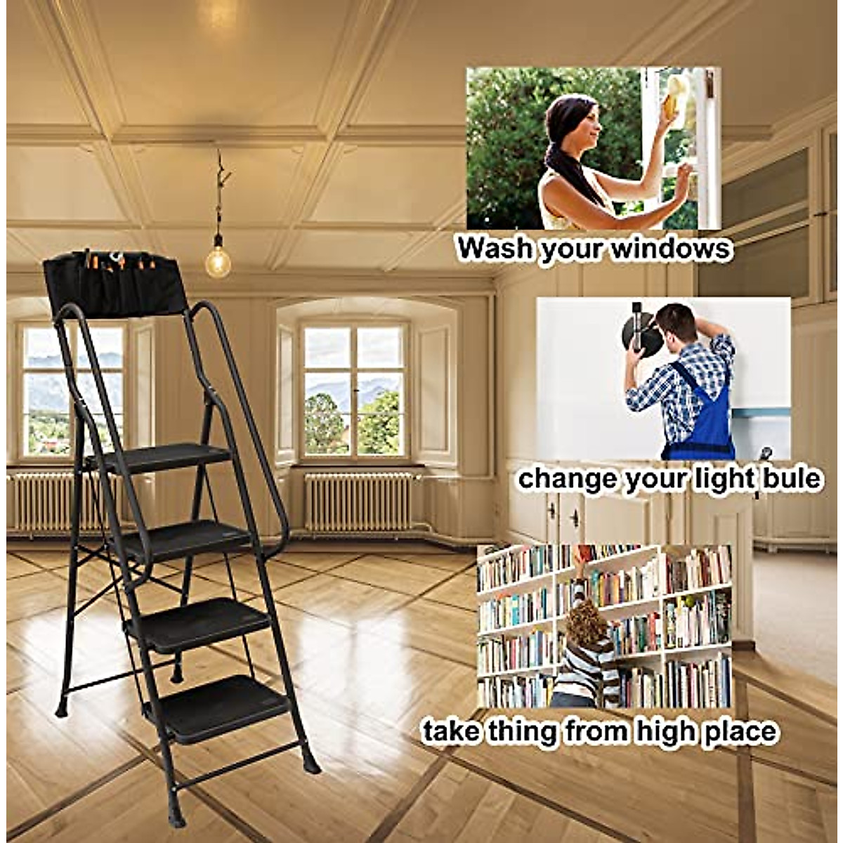 FOOWIN Step Ladder, 4 Step Folding Ladder with Handrails, Portable Steel Step Stool Wide Pedal Ladder Non-Slip Step Ladders for Home Office Kitchen with Detachable Tool Bag (4 Step)