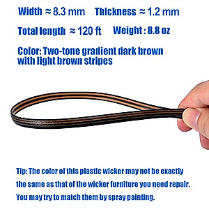 120ft Wicker Repair Supplies, Two-Tone Gradient Dark Brown with Light Brown Stripes, Plastic Rattan Material for Patio Chair Repair Flat Wicker Furniture Repair Replacement