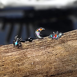 Melighting Black Helix Earrings 16G Spider Cartilage Earrings Surgical Steel 316L Halloween Bat Tragus Piercing Jewelry Moon Helix Stud Piercing Jewelry for Women Men