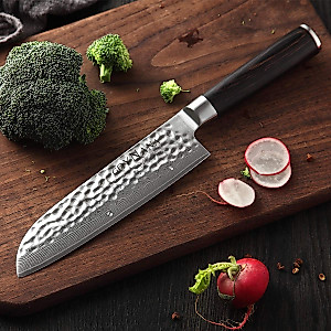 GOYNANA Luxury SANTOKU Knife 7 Inch Ultra Sharp And Non Stick Blade of Damascus Chef Knife, With Japanese Knives Ebony Wood Handle | 67 Layers High Carbon Stainless Steel | Fancy Gift Box