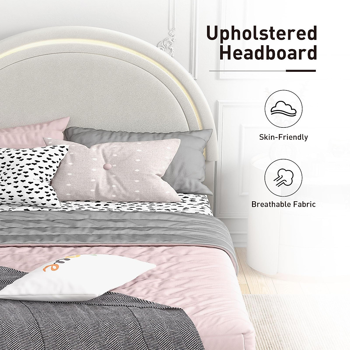 Bonzy Home Full Size Bed Frame with Round Headboard, Full Bed Frame for Girls with Lights, Princess Platform Bed Frame with 4 Storage Drawers, Wooden Slats Support, No Box Spring Needed