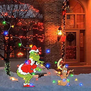 Outdoor Christmas Yard Decorations - 2pcs Green Couple Gnome Christmas Yard Signs with Yard Stakes, LED String Lights for Yard Garden Lawn Christmas Outdoor Light Decor