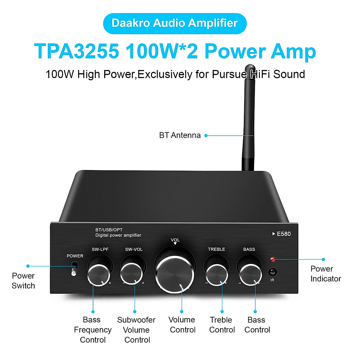 Daakro Stereo Audio Receiver Amplifier,100W Bluetooth 5.0 Mini Hi-Fi Audio Amp,2.1 Channel Amplifier Receiver with Bass and Treble Control for Home Outdoor Speakers/Subwoofer (with Power Supply)