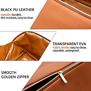 Makeup Bag,Large Capacity Travel Cosmetic Bag for Women, Multifunctional Open Flat Toiletry Bag with Handle,Washable Waterproof Beauty Zipper Makeup Organizer (Synthetic leather, brown)