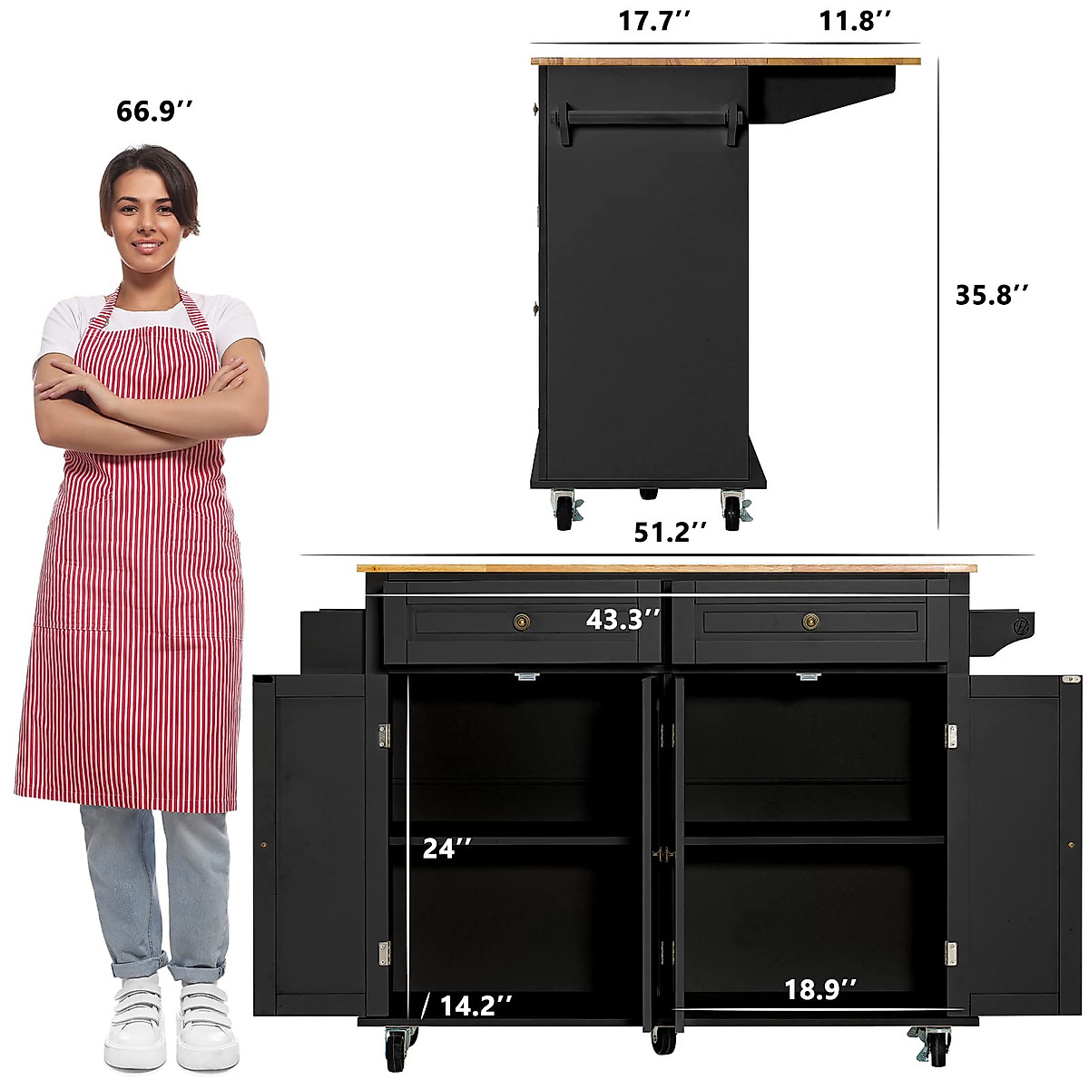 Rolling Kitchen Island with Drop Leaf – Movable Kitchen Carts on Wheels Island with Storage Cabinet, Island Table for Kitchen with Rubber Wood Top and Rack and Drawer, Matte, Black