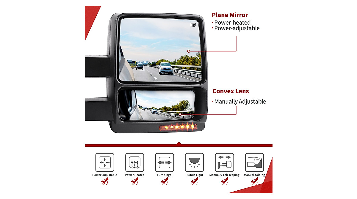 YITAMOTOR Towing Mirrors for Ford F150 | Power Heated, LED Signal