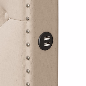 FANYHOME Queen Size Upholstered Platform Bed with Twin Size Trundle and 2 Sets of USB Ports on Each Side, Linen Fabric, Beige