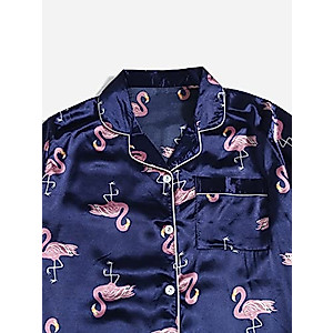 WDIRARA Women's Plus Size Satin Pajama Set Short Sleeve Button Down Pajamas Shirt and Short Sleepwear Navy Blue 4XL