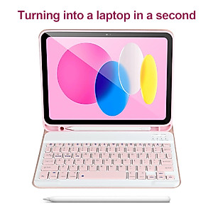 AHYWTAN iPad 10th Generation Case with Keyboard,Keyboard Case for iPad 10th Gen 2022 10.9’’Keyboard for iPad 10th Gen with Pencil Holder,Detachable Bluetooth Keyboard Case for iPad 10.9 2022,Pink