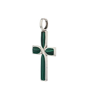Jewelry Trends Sterling Silver Cross Pendant with Green Created Malachite Stone