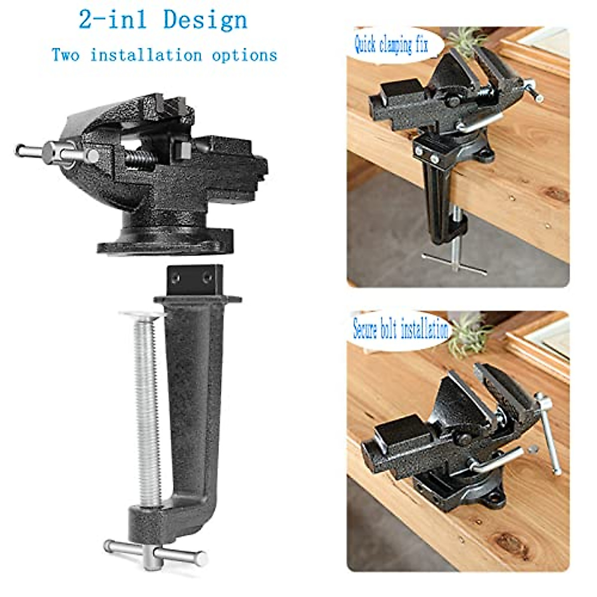 MYTEC Bench Vise or Table Vise, multifunctional jaw, multi-functional Combined Vise with Quick Adjustment, Universal Rotate 360° Work Clamp-On Vise, 3.3" black