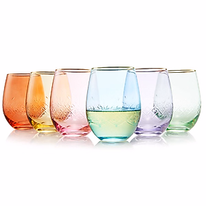 Hand Cut Stemless Wine Glasses - Set of 6 - Gold Rim, Crystal Colored Wine Glasses - Wine Tumblers for Red and White Wine, Water Glasses, Drinking, Elegant Vintage Gilded Art Deco 15 oz Vibrant Glass