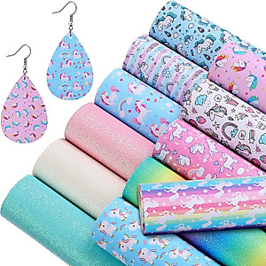 12 Pieces 7.87 x 11.81 Inches Unicorn Printed Faux Leather Sheet Mixed Rainbow Glitter Leather Fabric Sheets Assorted for Girl Kids Earrings Making Hair Bows Decoration DIY Craft Making