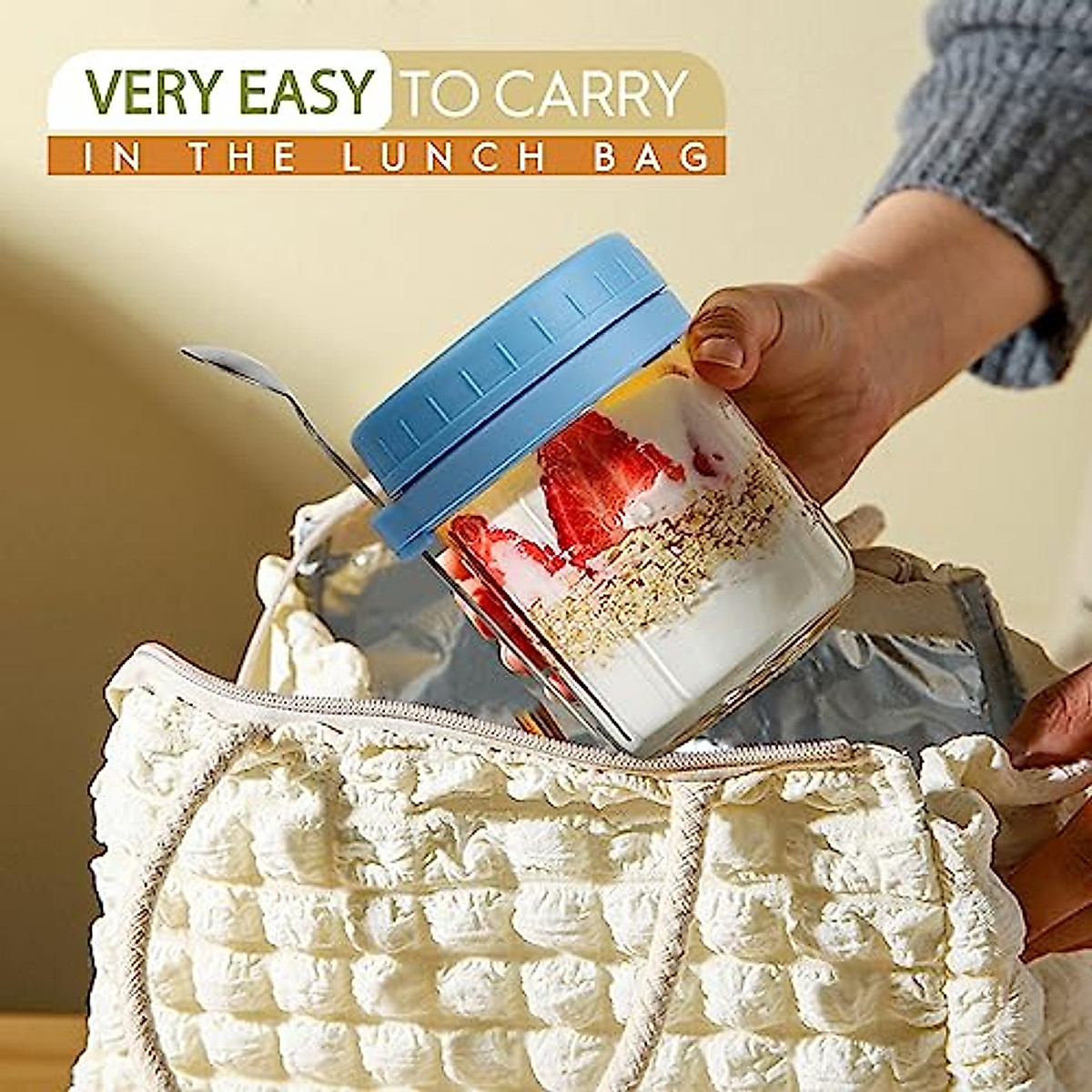 ZIJUND Overnight Oats Containers with Lid and Spoon, 16 oz & 10 oz Glass Mason Overnight Oats Jars, 2 Large & 2 Small Family Sharing, Airtight Jars for Salad, Cereal, Fruit (4 Pack)