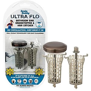 Drain Buddy Ultra Flo- 2 in 1 Bathroom Sink Stopper & Hair Catcher W/Patented Pull Clean Technology! | Fits 1.25” Sink Drains, Clog Preventing | Oil Rubbed Bronze Metal Cap / 1 Replacement Basket