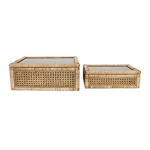 Creative Co-Op Rattan Display Boxes with Glass Top (Set of 2 Sizes) and Mango Wood Footed Bowl