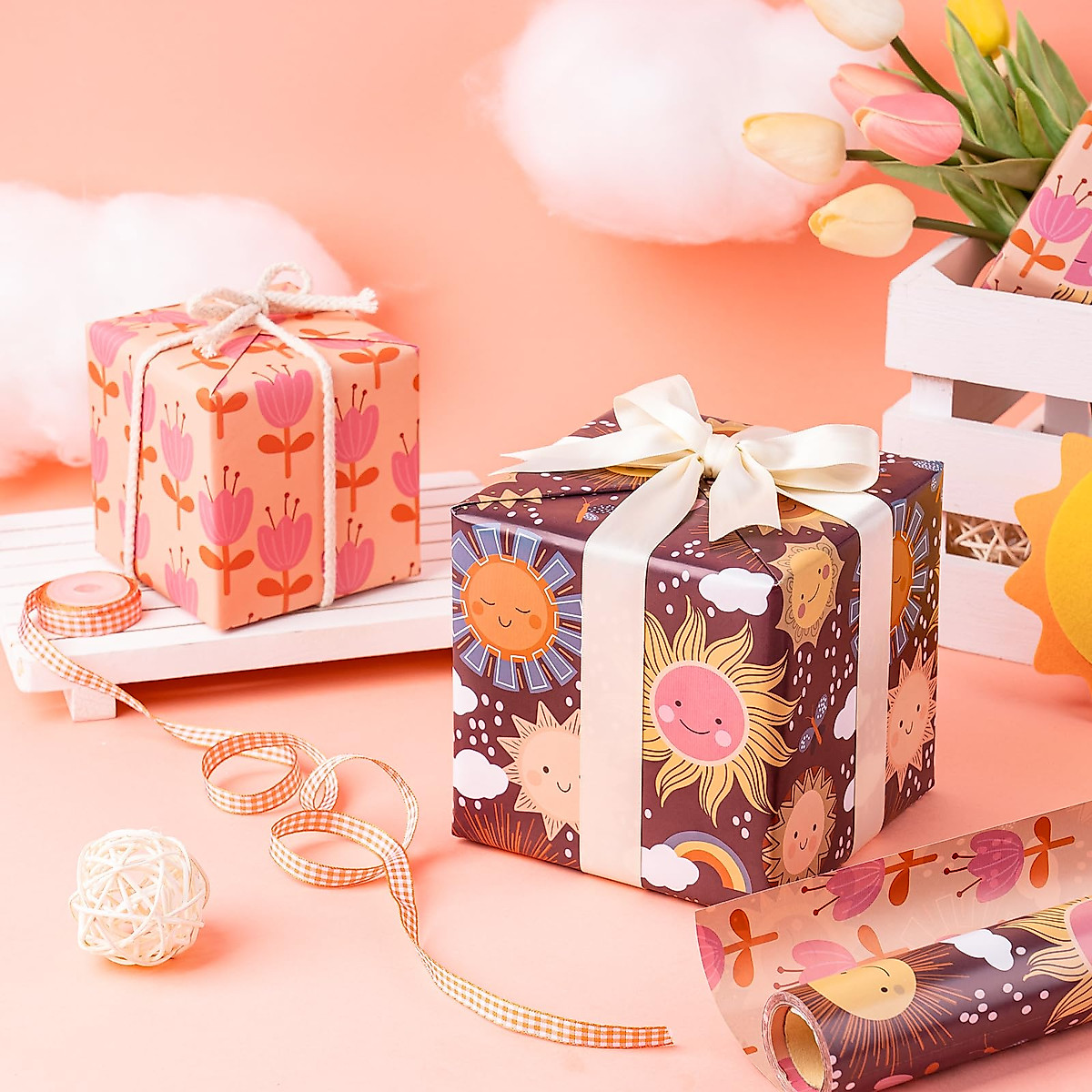 RUSPEPA Reversible Wrapping Paper Roll - Mini Roll - Sun and Flower Pattern Great for Baby Shower, Birthday, Party - 17 Inches X 32.8 Feet