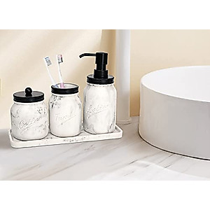 Artfrog Bathroom Accessory Set,Marble Bathroom Accessories,Mason Jar Bathroom Accessory Set, 4 Pcs Bathroom Accessory Set, Marble Look, Include Lotion Dispenser &Tumbler& Cotton Jar&Tray