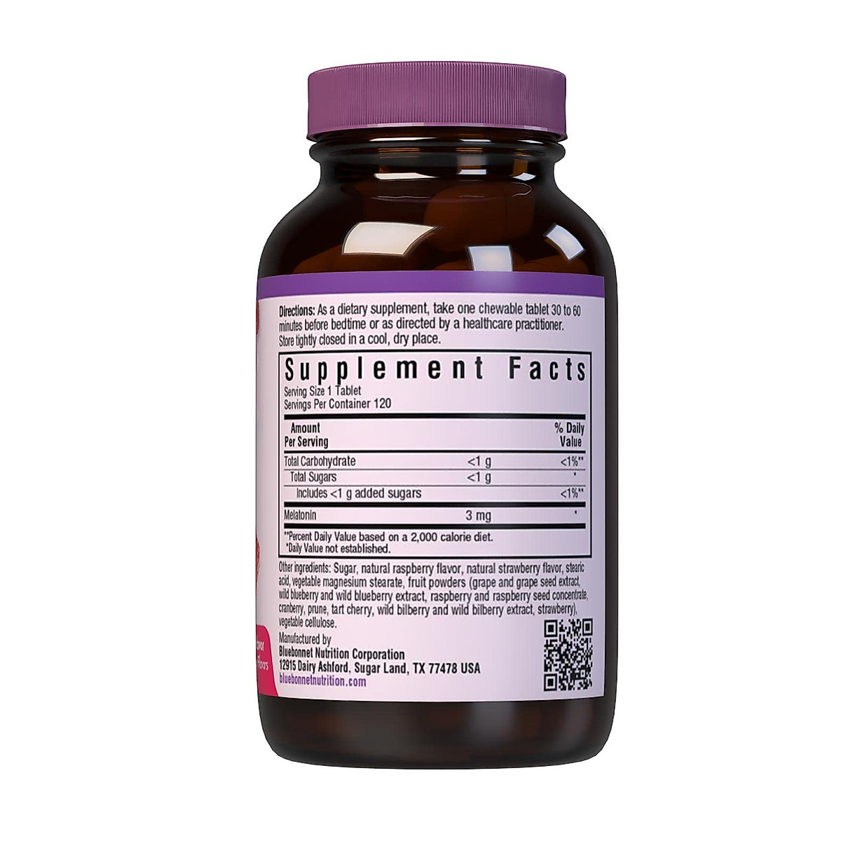 Bluebonnet Nutrition EarthSweet Melatonin 3 mg Fast-Acting Quick Dissolve Nighttime Relaxation & Restful Sleep Support - Sleep Aid - Gluten-Free, Vegan - Raspberry Flavor - 120 Chewable Tablets