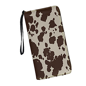 Wanyint Brown Cow Wallets for Women Animal Fur Pattern Zipper Long Purse with Removable Wristlet, RFID Blocking Wallet