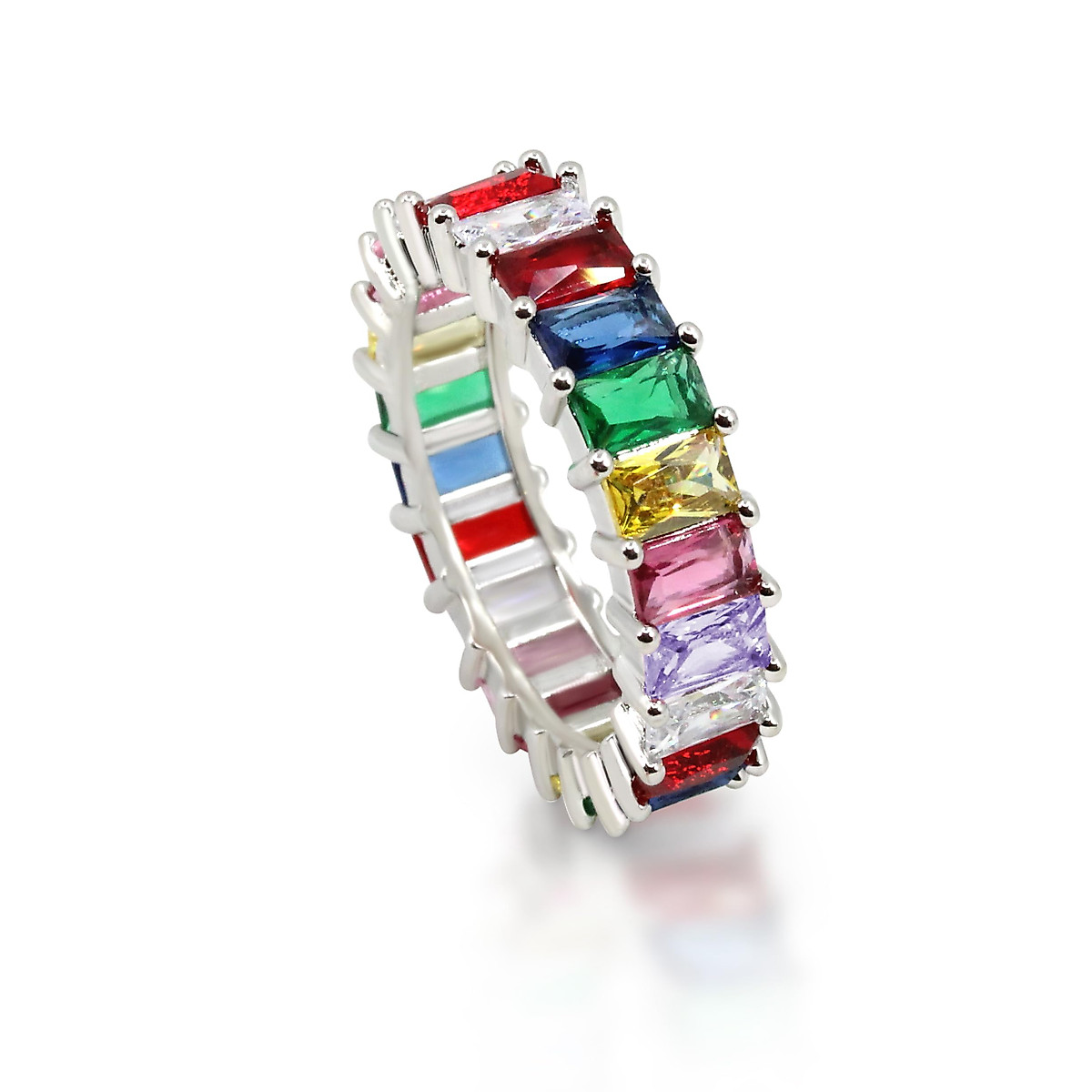 Savlano 18K White Gold Plated Cubic Zirconia Emerald Cut Multicolor Rainbow Eternity Ring Band